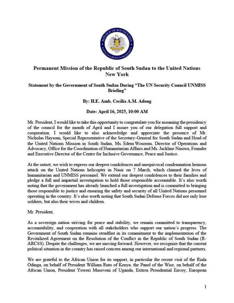 TEXT | Statement of South Sudan UN Permanent Representative at the UNSC ...